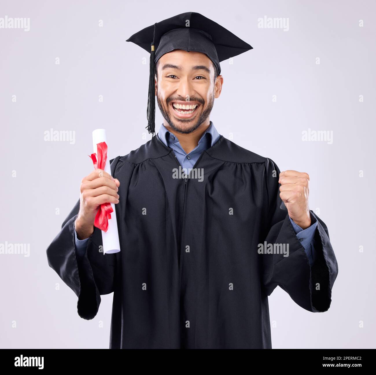 Graduation portrait of asian man, certificate and success isolated on ...