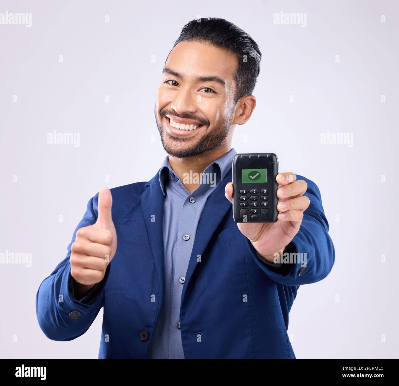 Business man, pos and studio portrait with thumbs up, fintech tick and ...