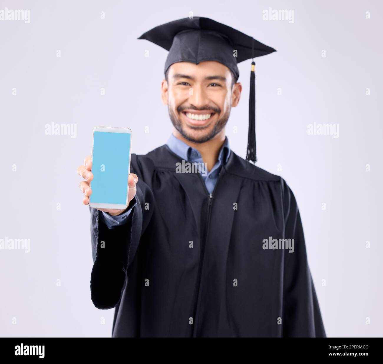 Phone, green screen and graduation student portrait isolated on white ...