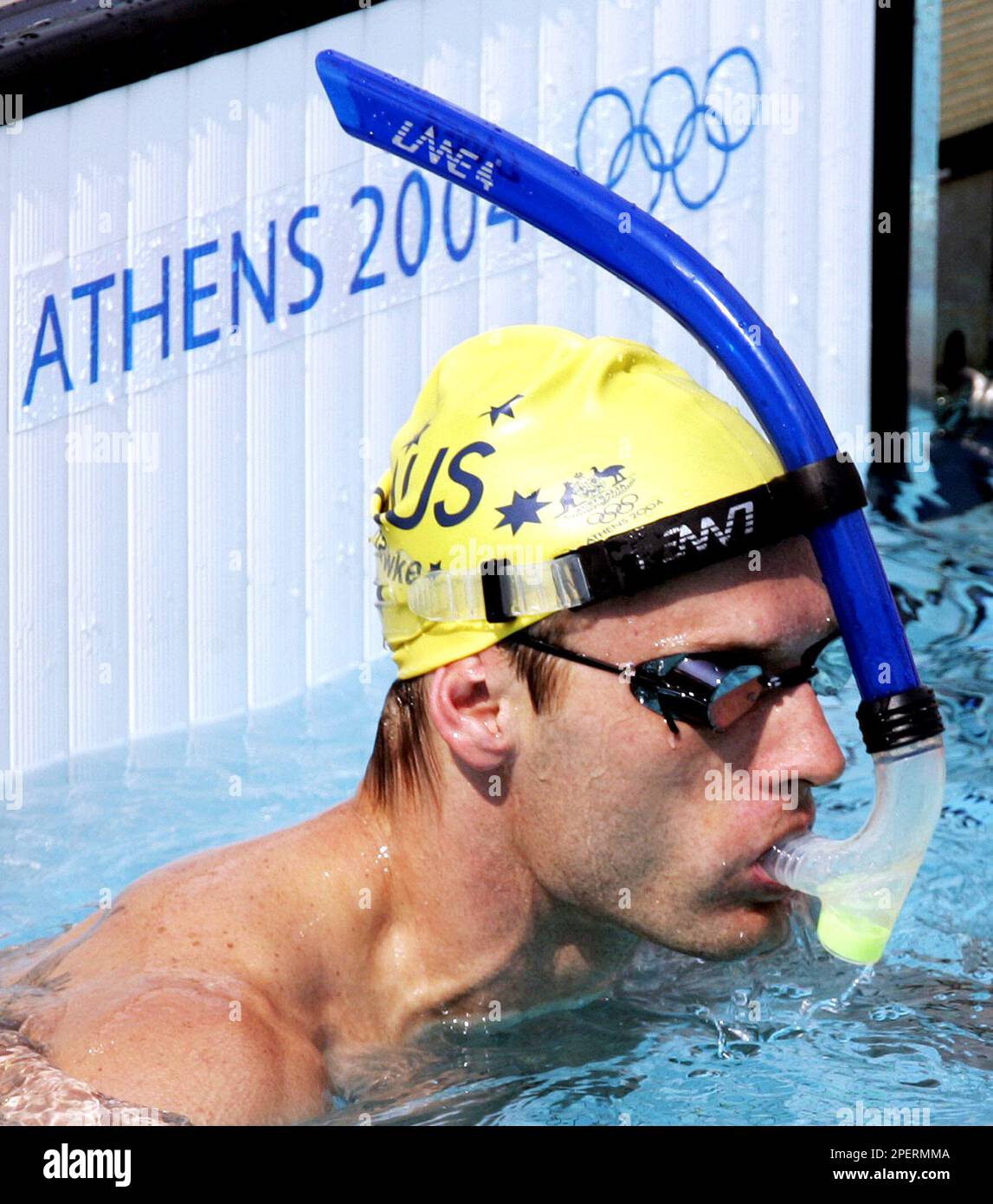 Brett Hawke of Australia uses a snorkel during practice at the 2004 ...