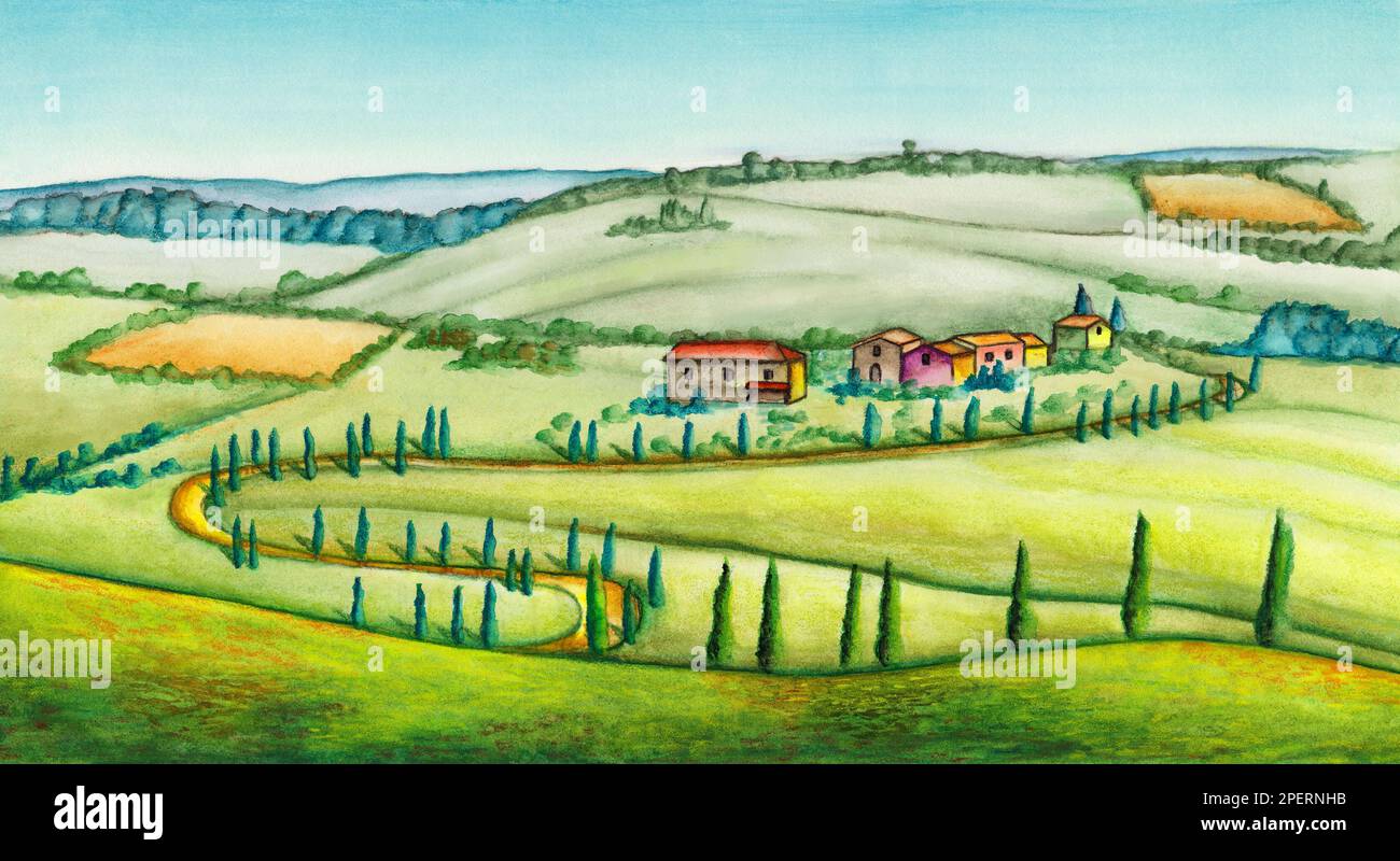 Rural landscape in Italy. Original watercolor illustration Stock Photo ...