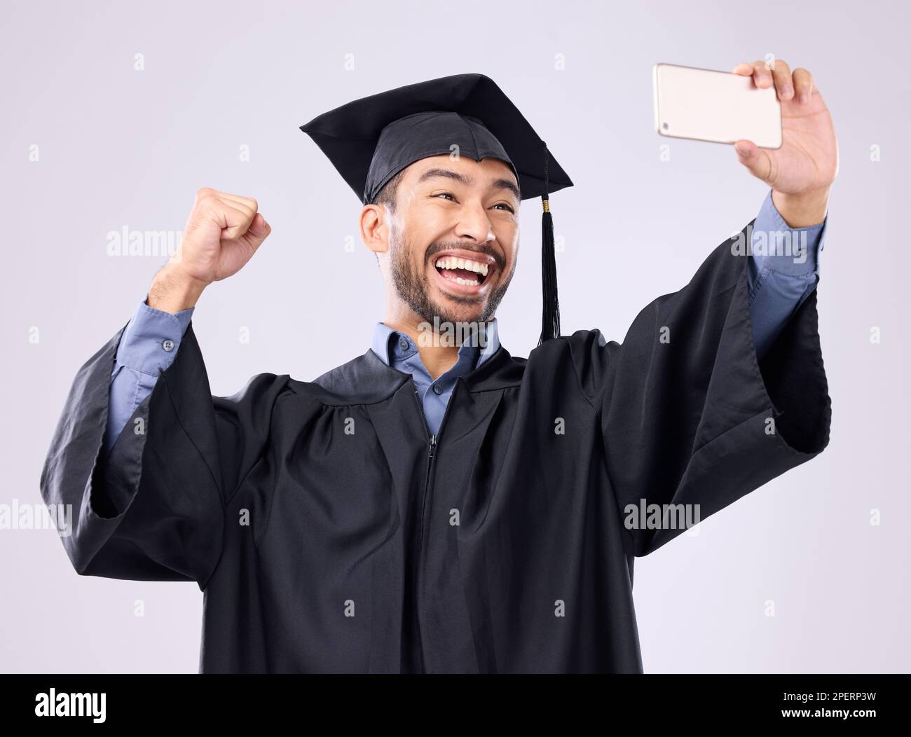 Man, graduate and selfie with smile for scholarship, profile picture or ...