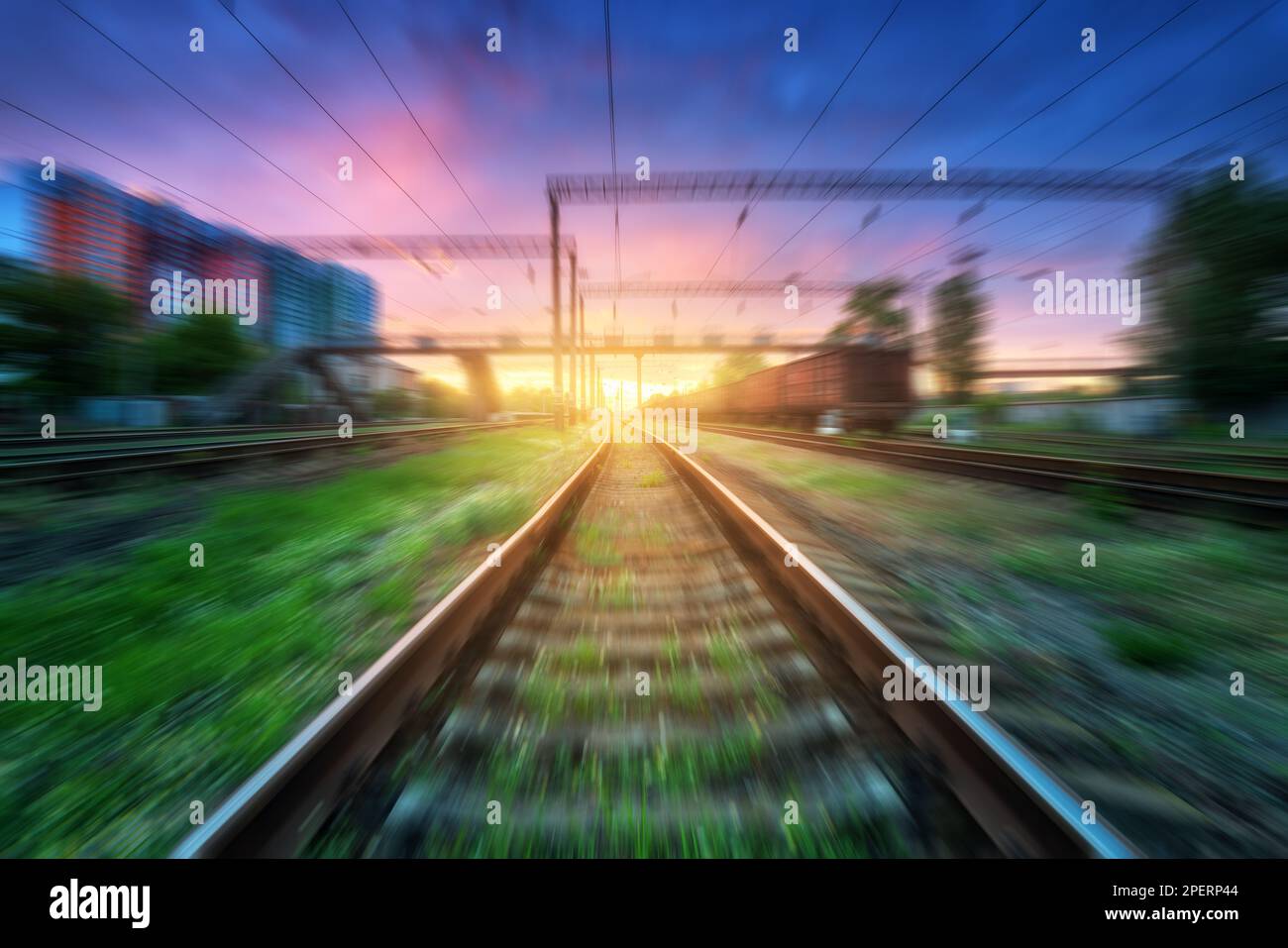 Railroad with motion blur effect. Railway station and blurred ...