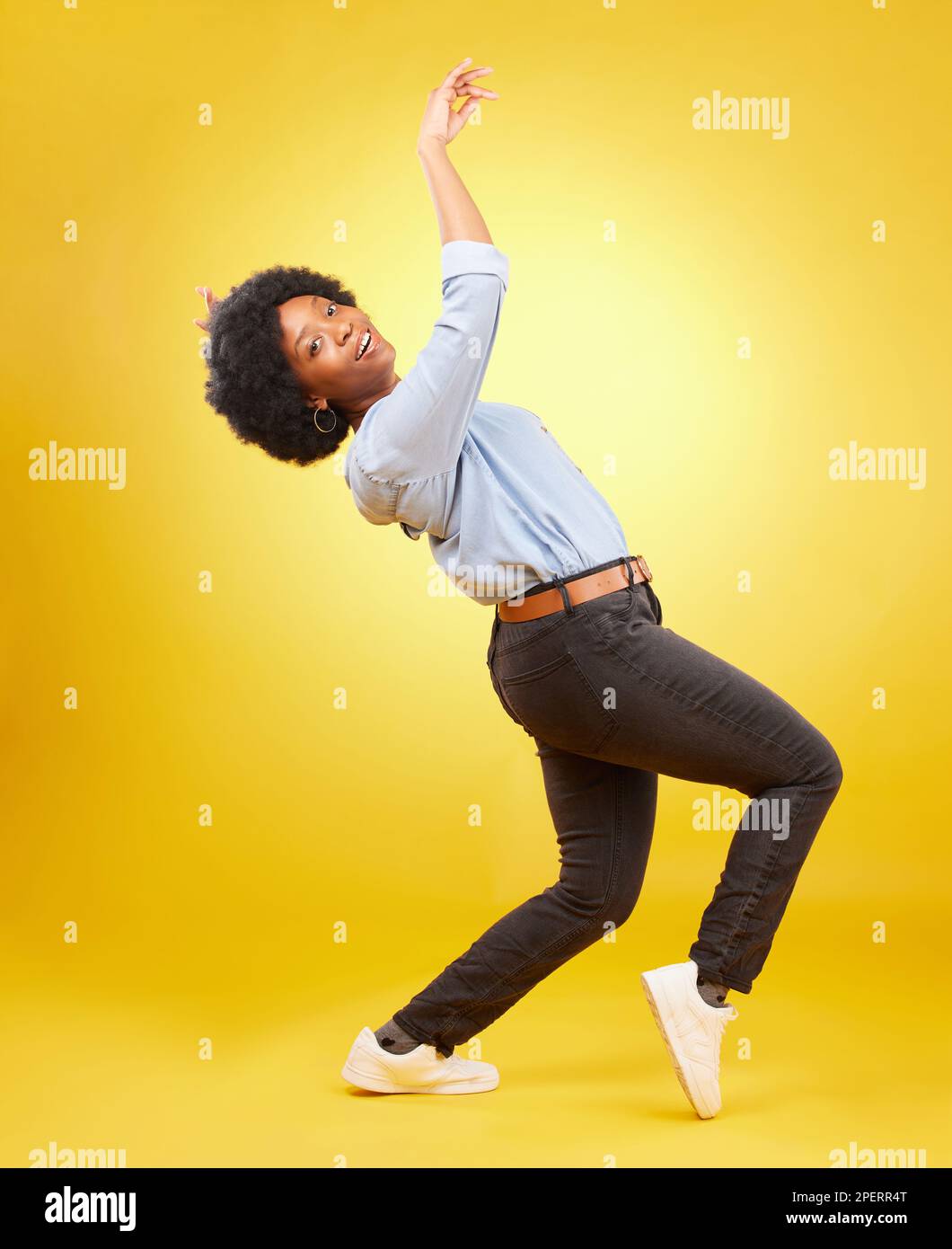 Portrait, dance and black woman with energy, celebration and freedom ...
