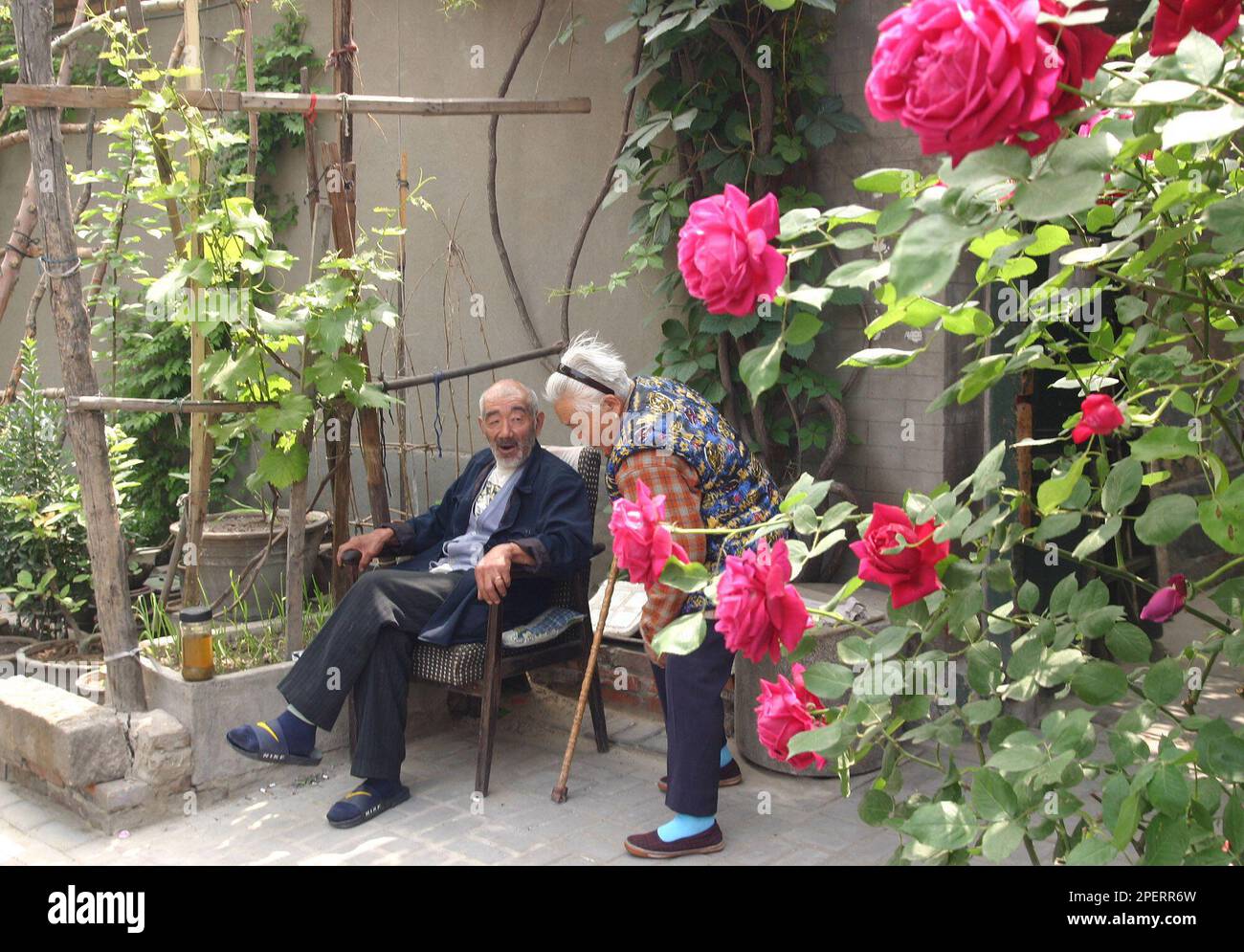 Elderly Chinese resting outside their house in a Chinese residential ...