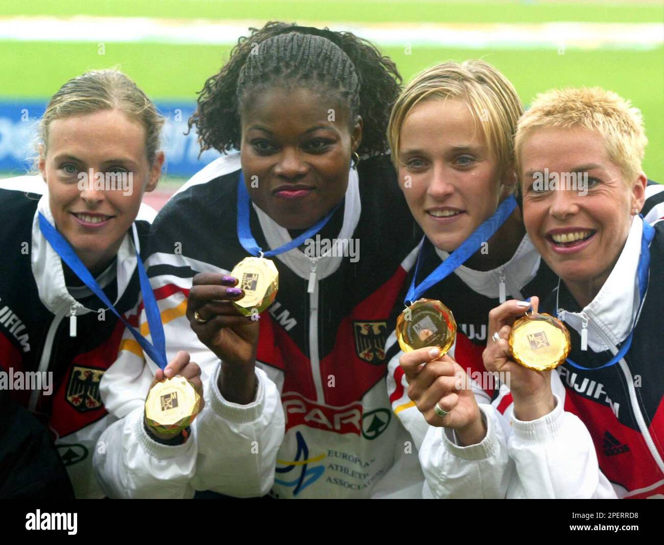Germany's Birgit Rockmeier, Florence Ekpo-Umoh, Claudia Marx and Grit Breuer, from left, display ...
