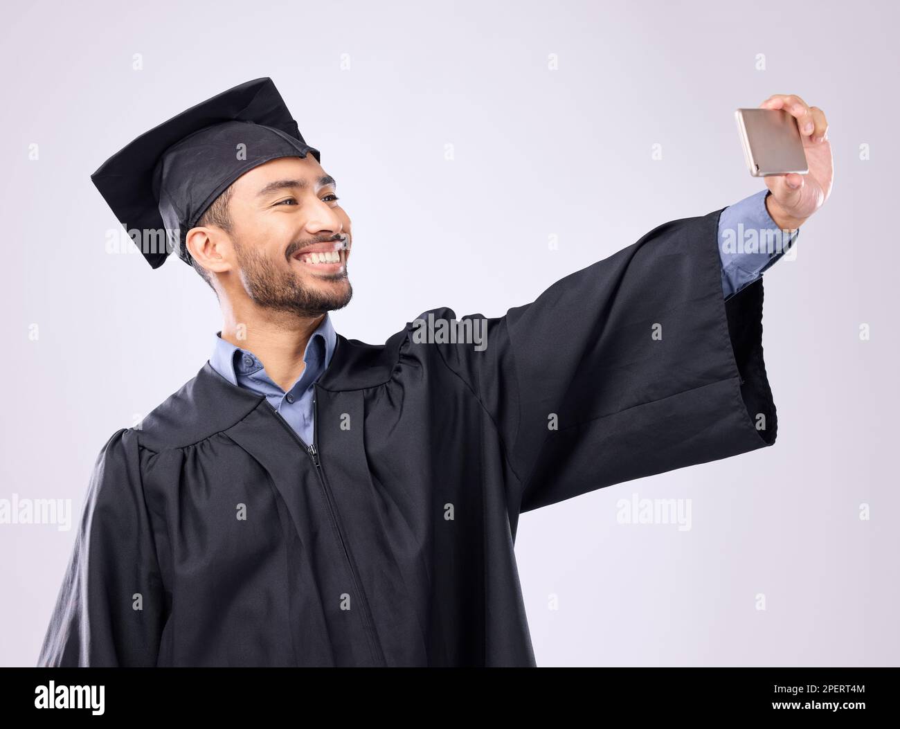 Man, graduate and selfie with smile for scholarship, profile picture or ...
