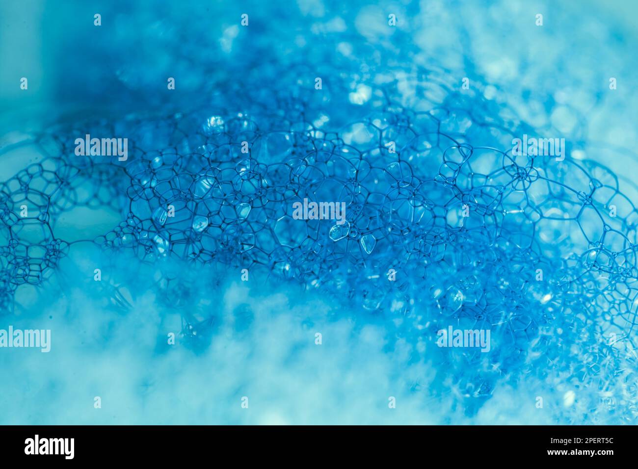 A closeup of blue translucent soap bubbles floating on the water ...