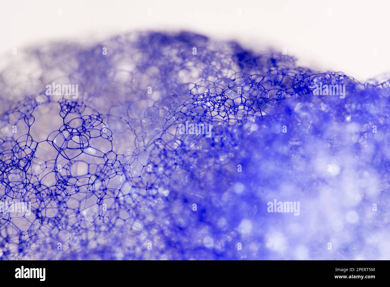 A closeup of blue translucent soap bubbles floating on the water ...