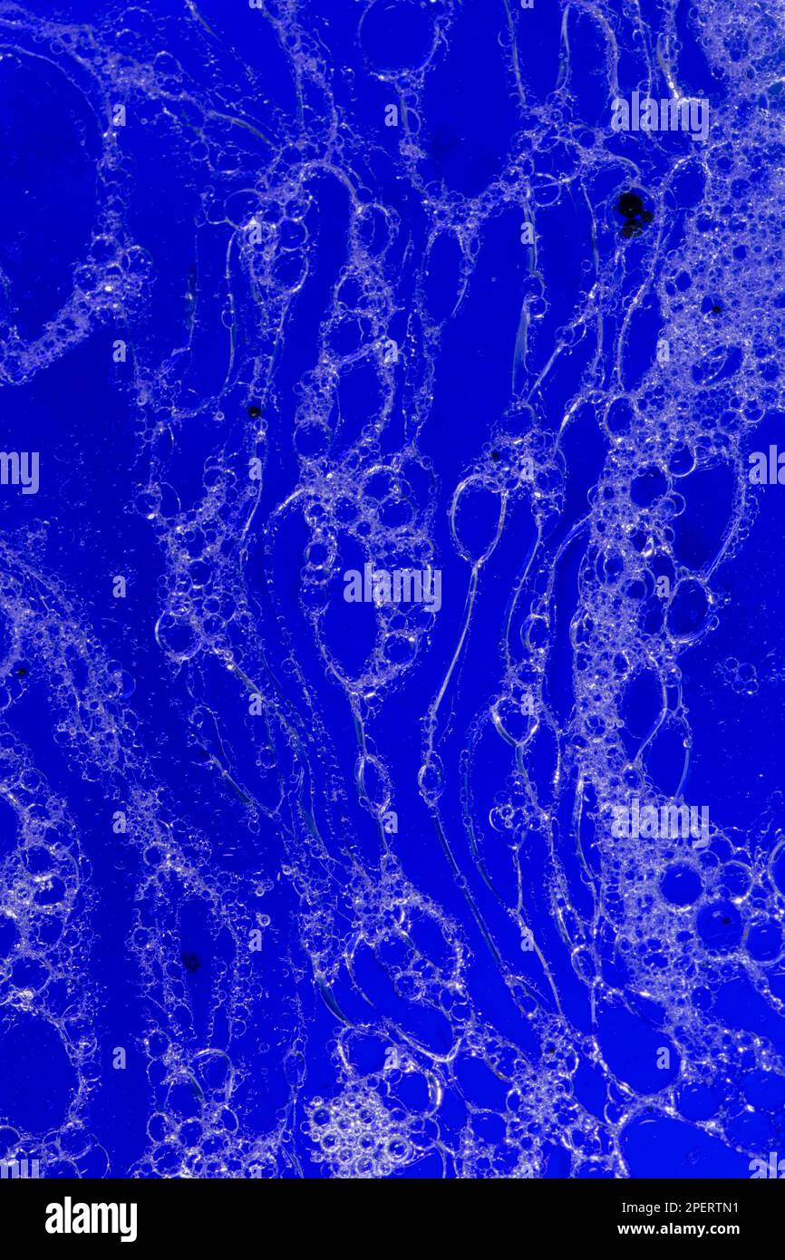 A closeup of blue translucent soap bubbles floating on the water ...