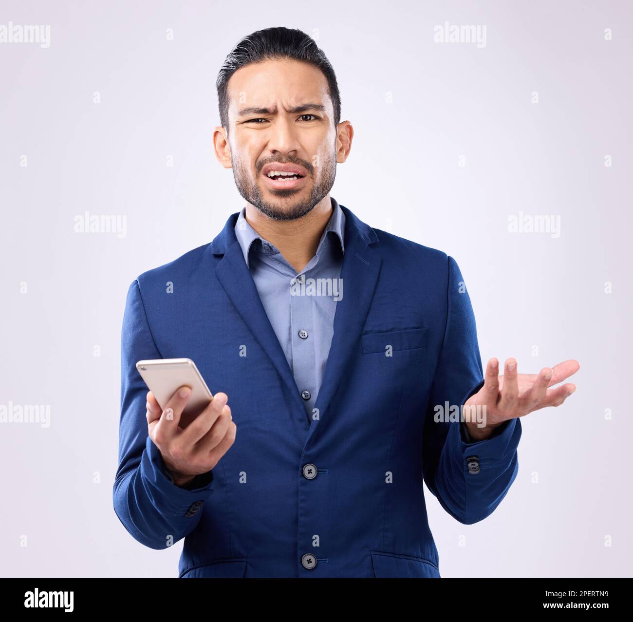Portrait, smartphone and Asian man confused, frustrated and guy against ...