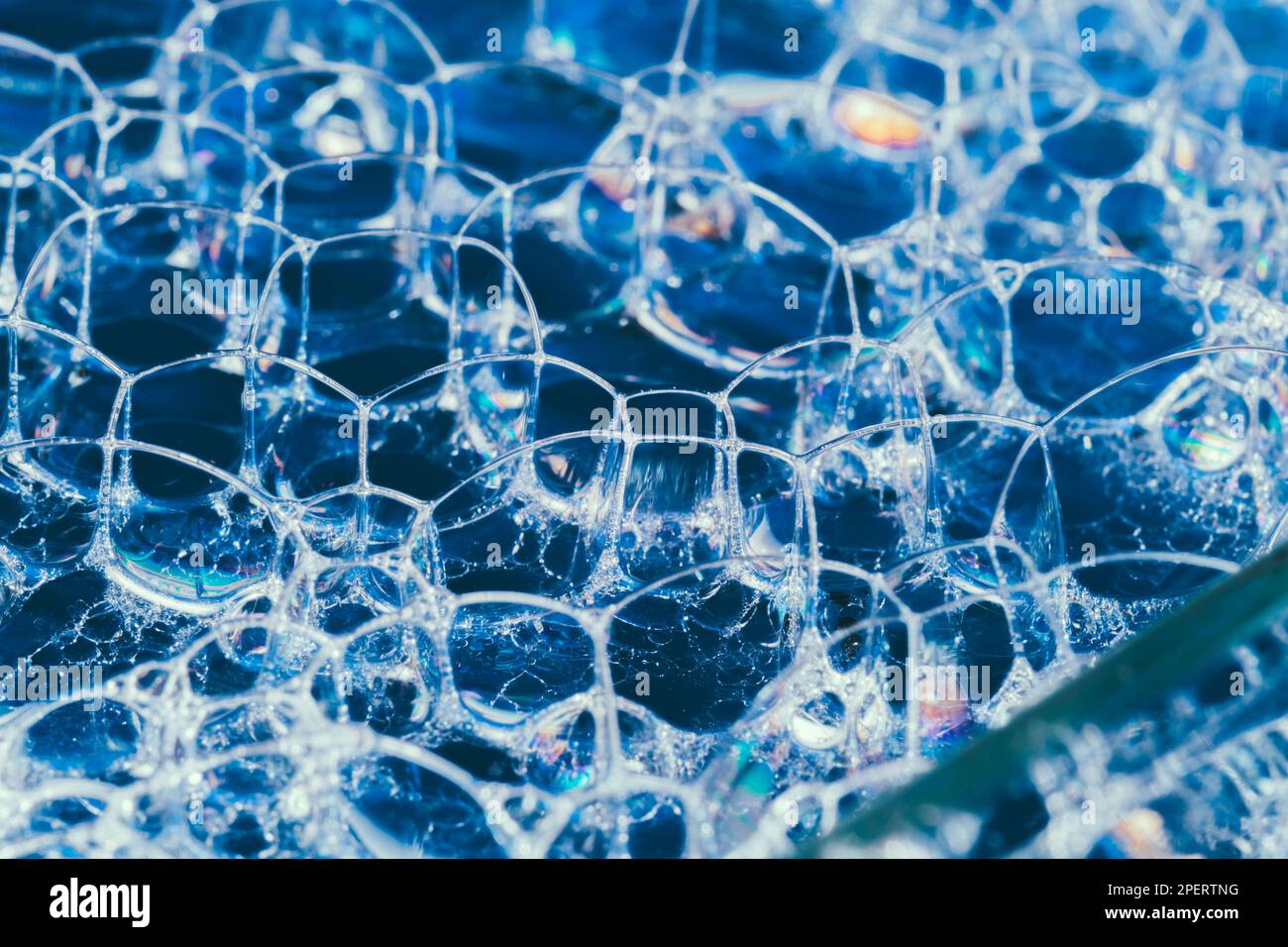 A closeup of blue translucent soap bubbles floating on the water ...