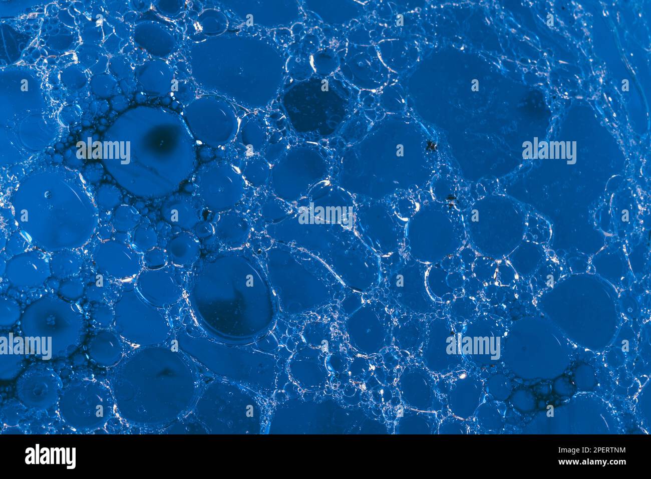 A closeup of blue translucent soap bubbles floating on the water ...