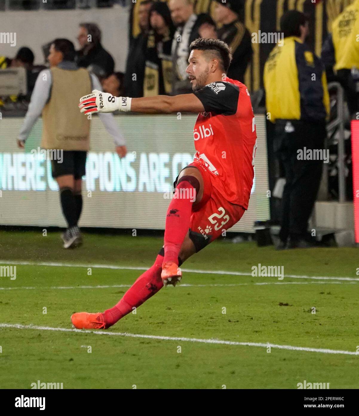 March 15, 2023: Leonel Moreira, goalkeeper for Alajuelense follows thru ...