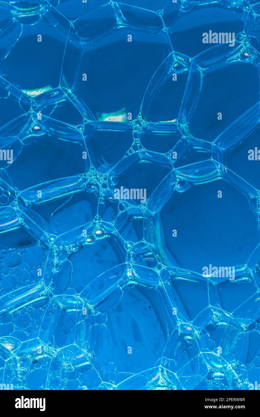 A closeup of blue translucent soap bubbles floating on the water ...