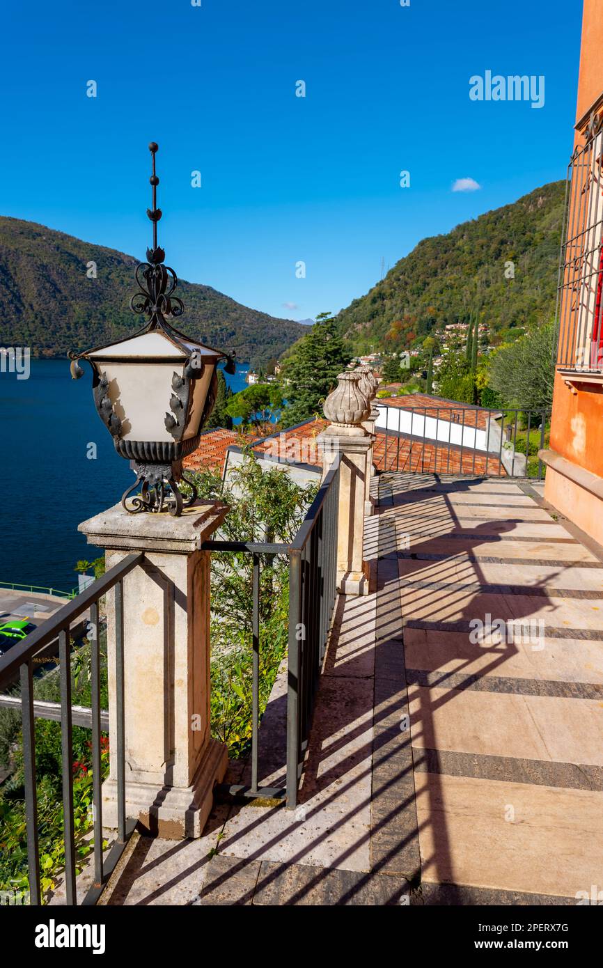 Balcony with View to Lake Lugano with Mountain and Blue Clear Sky From ...