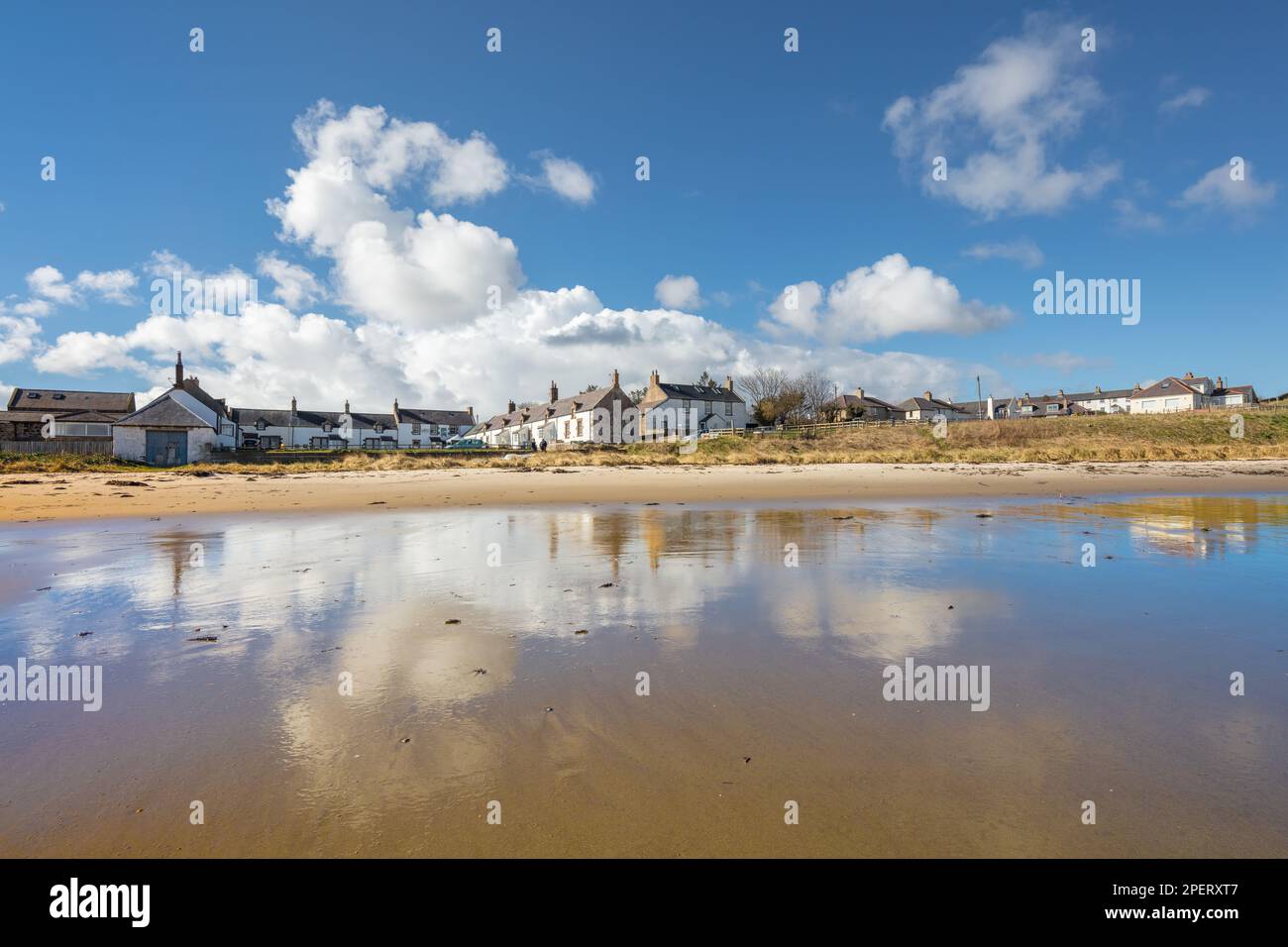 Low Newton reflected in wet sand. Northumberland Coast, Embleton Bay ...