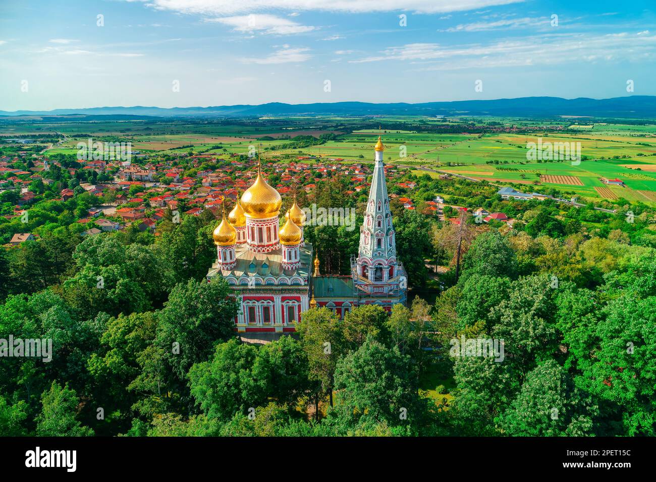 Shipka Memorial Russian Church, town of Shipka, Bulgaria, aerial drone ...