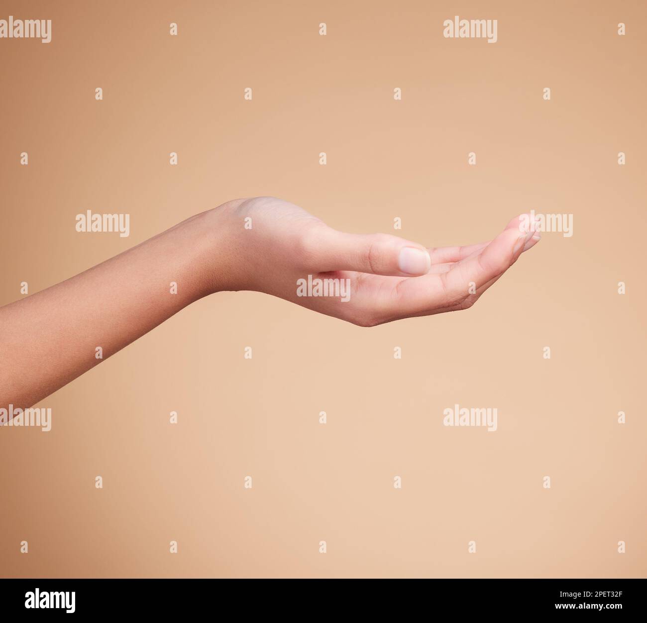Hands, palm and product placement for mockup in studio isolated on a ...