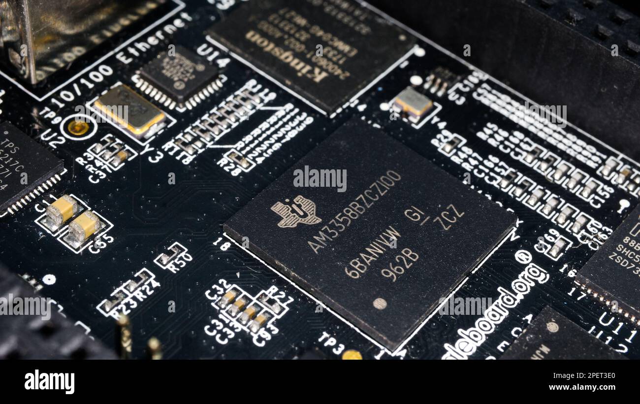 A Laptop motherboard closeup electronic components circuit board ...