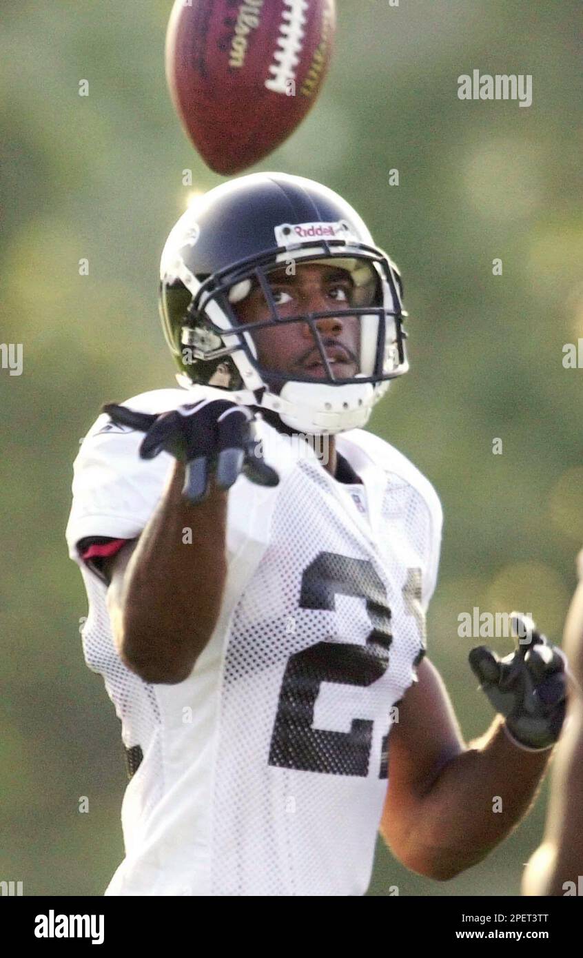 Atlanta Falcons rookie cornerback DeAngelo Hall tosses the football ...