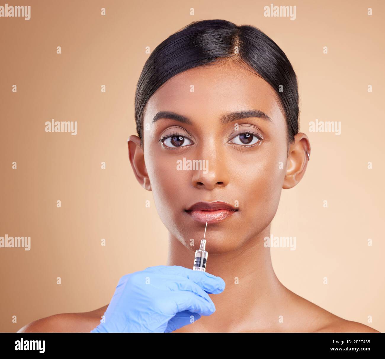 Lip filler, beauty or portrait of Indian woman with injection for ...