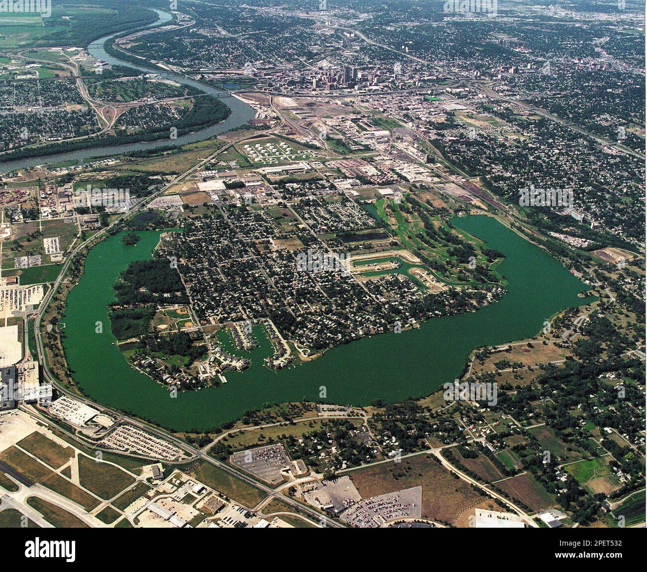 An aerial view showing the city of Carter Lake, Iowa, is seen in this ...
