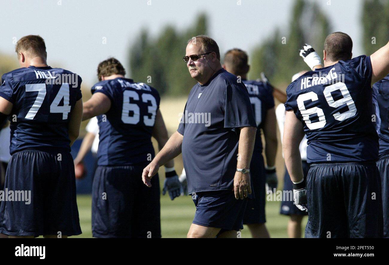Seattle Seahawks coach Mike Holmgren, center, looks over his roster of ...