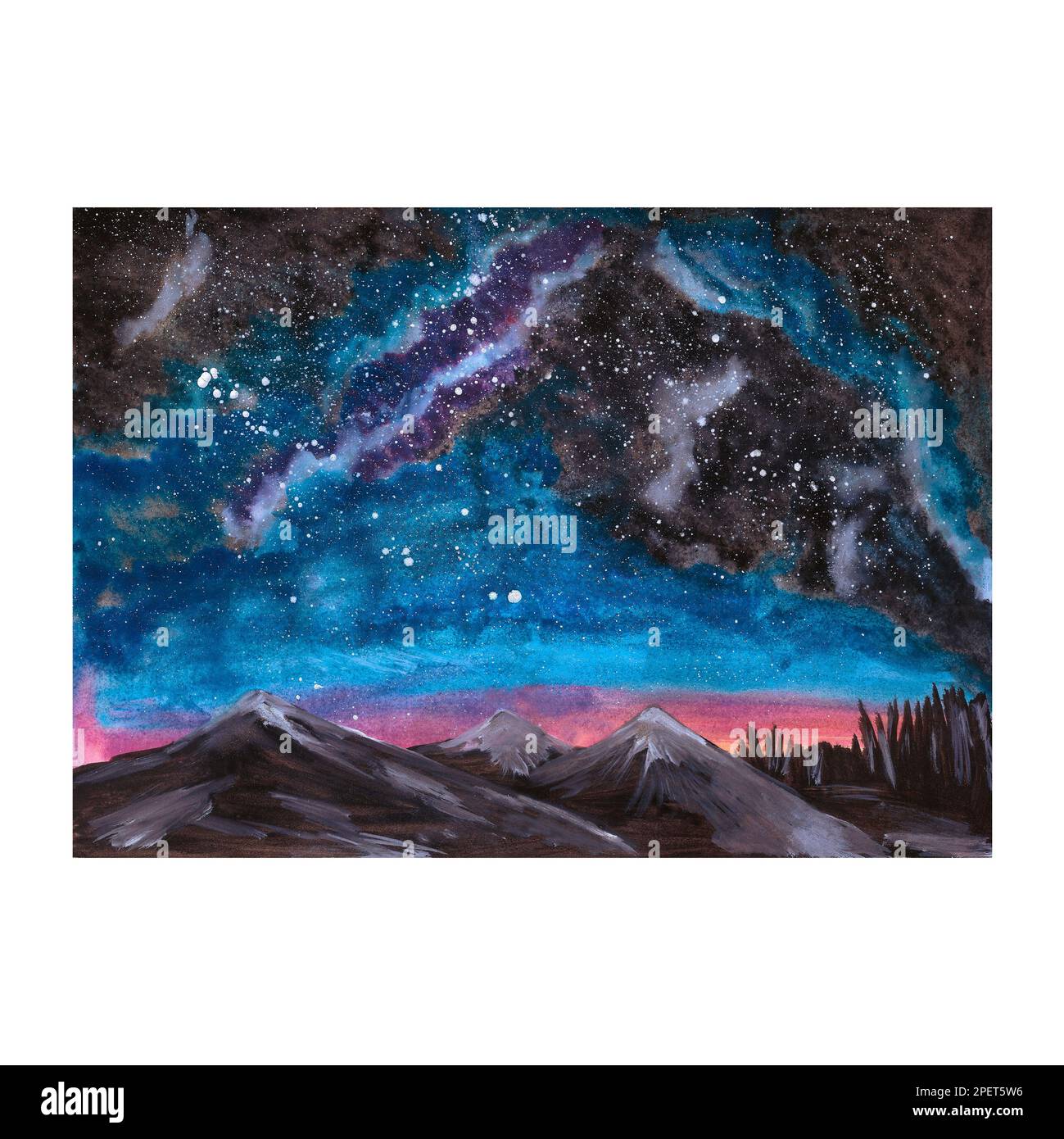 Hand drawn watercolor starry night and mountains illustration. Starry ...