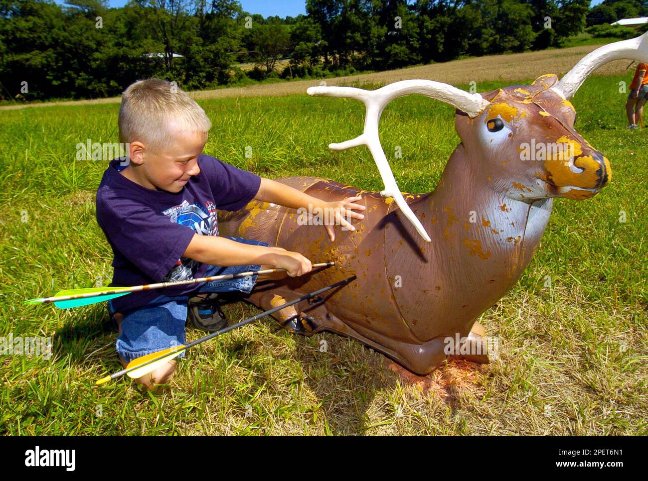 Zachary Stokes, 6, of Slatington, removes arrows from a target at the ...
