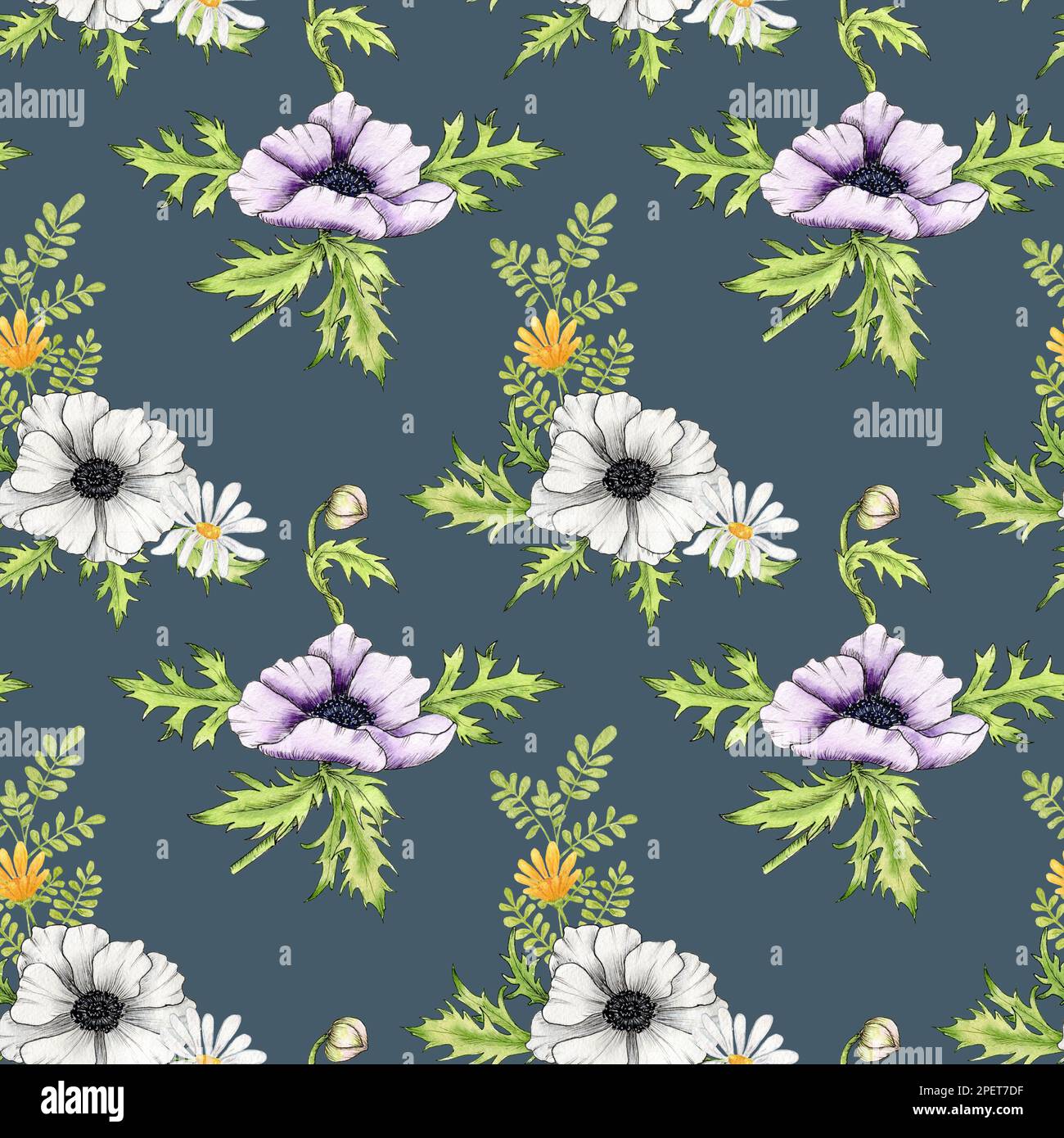 Anemone background. Watercolor seamless pattern with anemone flowers. A ...