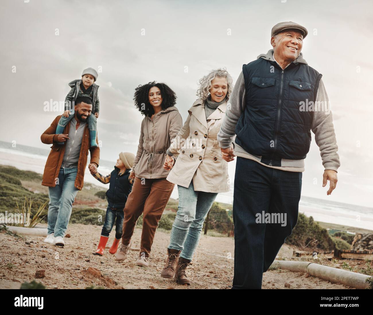 Family holding hands, hiking outdoor together in nature and happiness ...