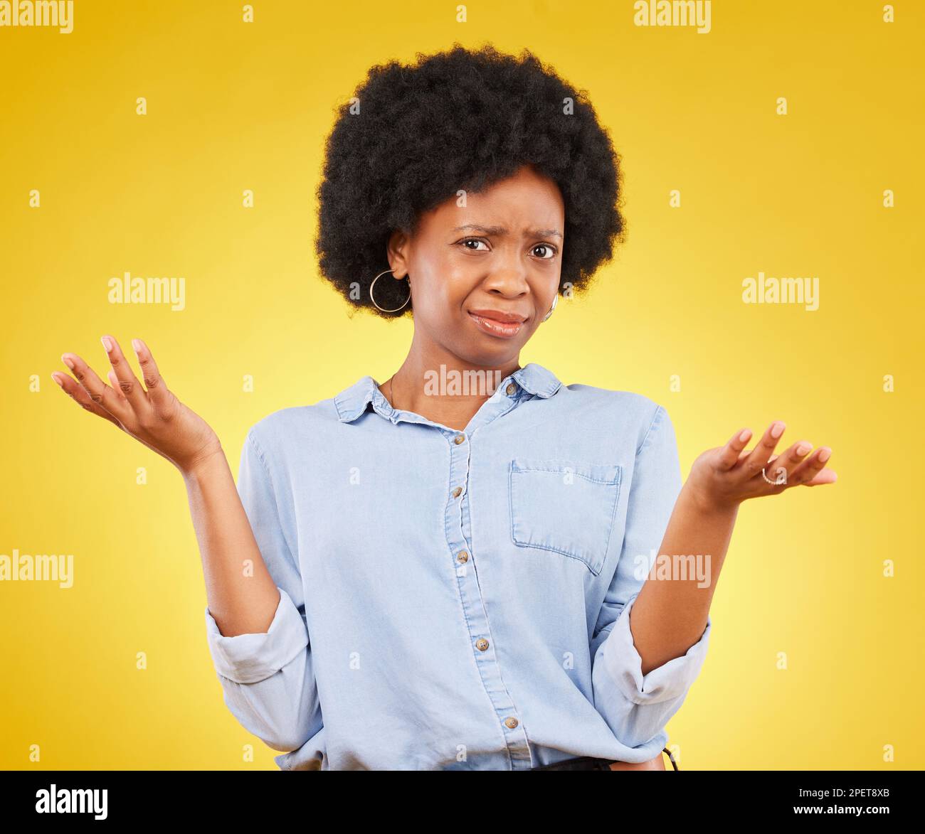 Confused, doubt and portrait of black woman in studio, dont know and ...
