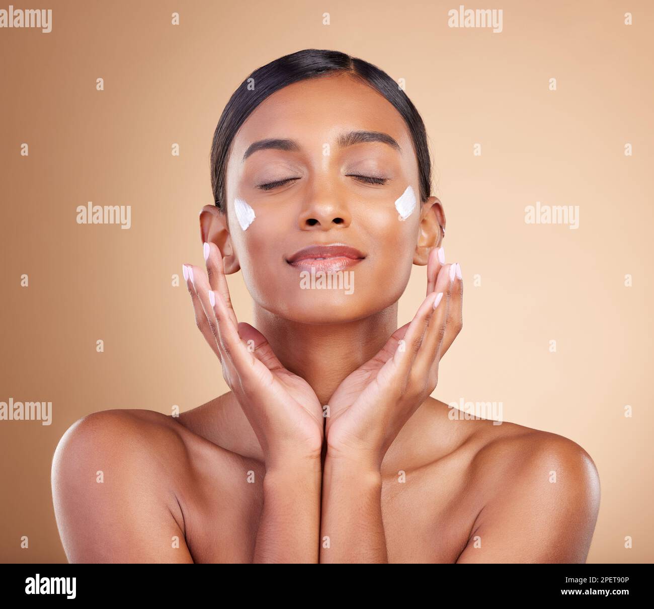 Woman, face and skincare moisturizer cream for beauty cosmetics or self ...