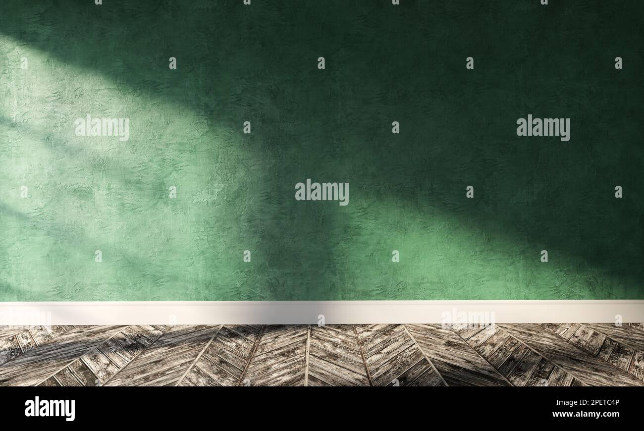 3d rendering illustration of big modern room with green plaster wall ...