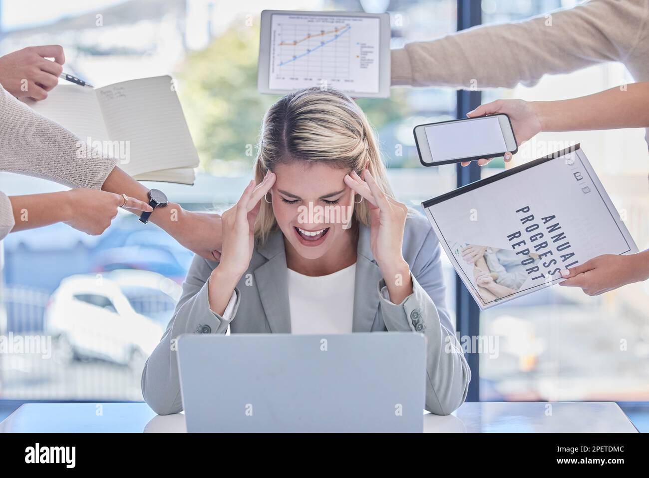 Headache, multitask and business woman in stress, anxiety and burnout ...