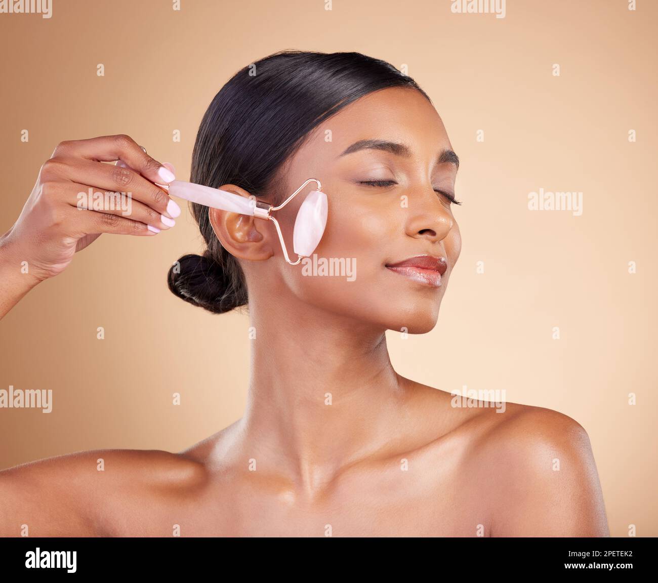 Woman, roller and face for skincare beauty, cosmetics or dermatology ...