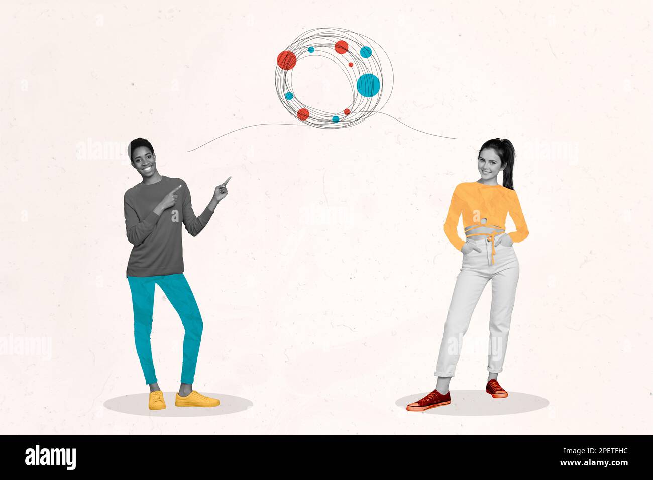 Collage photo of two young partners girls cooperation invention point ...