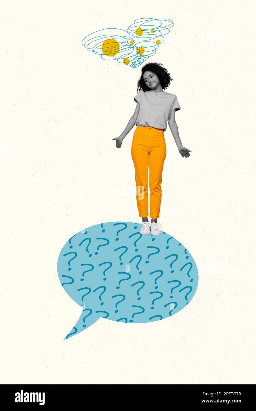 Vertical creative collage of confused young funny girl shrug shoulders ...