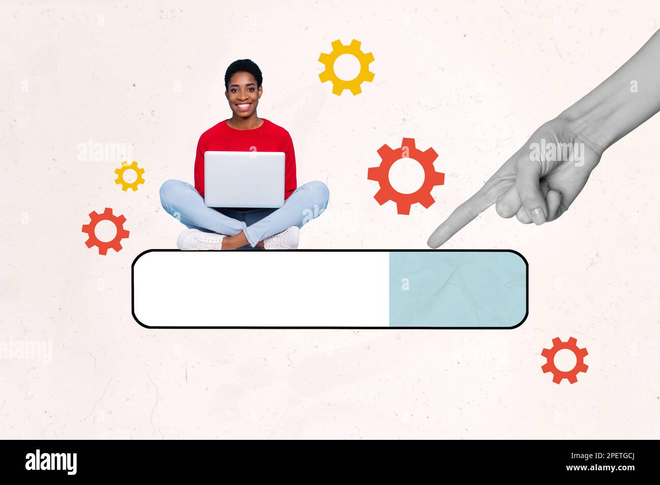 Creative Collage Photo Of Young Successful Positive Programmer Girl Hold Netbook Download