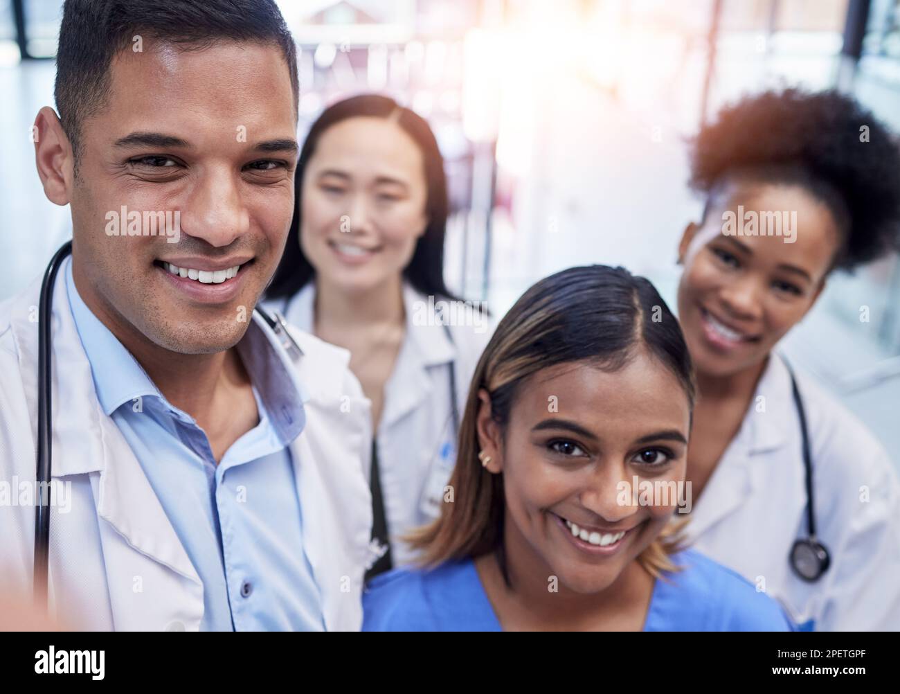 Healthcare, portrait and group selfie of doctors in hospital with pride, smile and clinic ...
