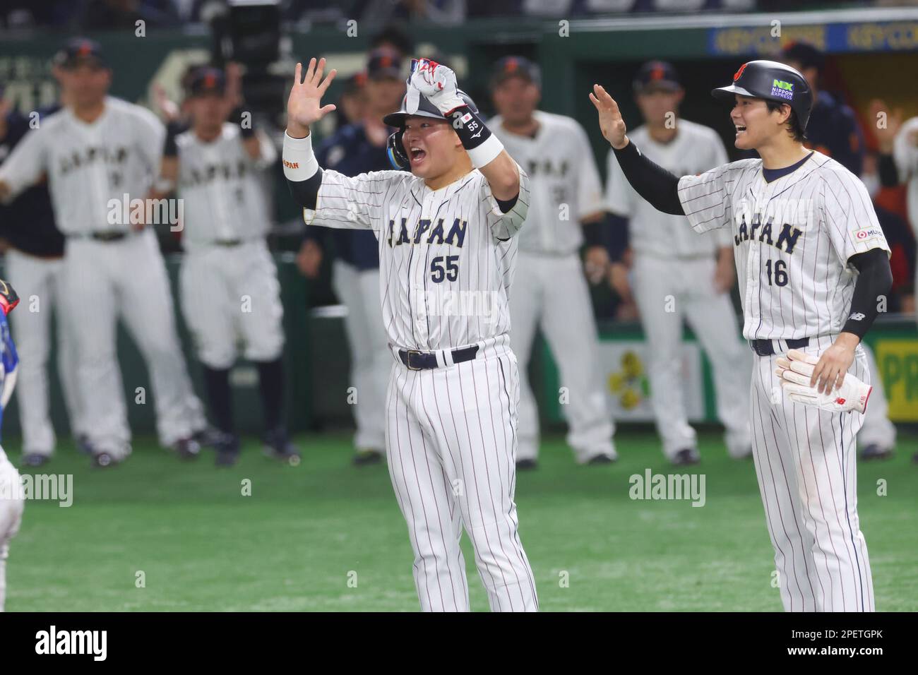 Tokyo, Japan. 16th Mar, 2023. (L to R) Munetaka Murakami, Shohei Ohtani ...