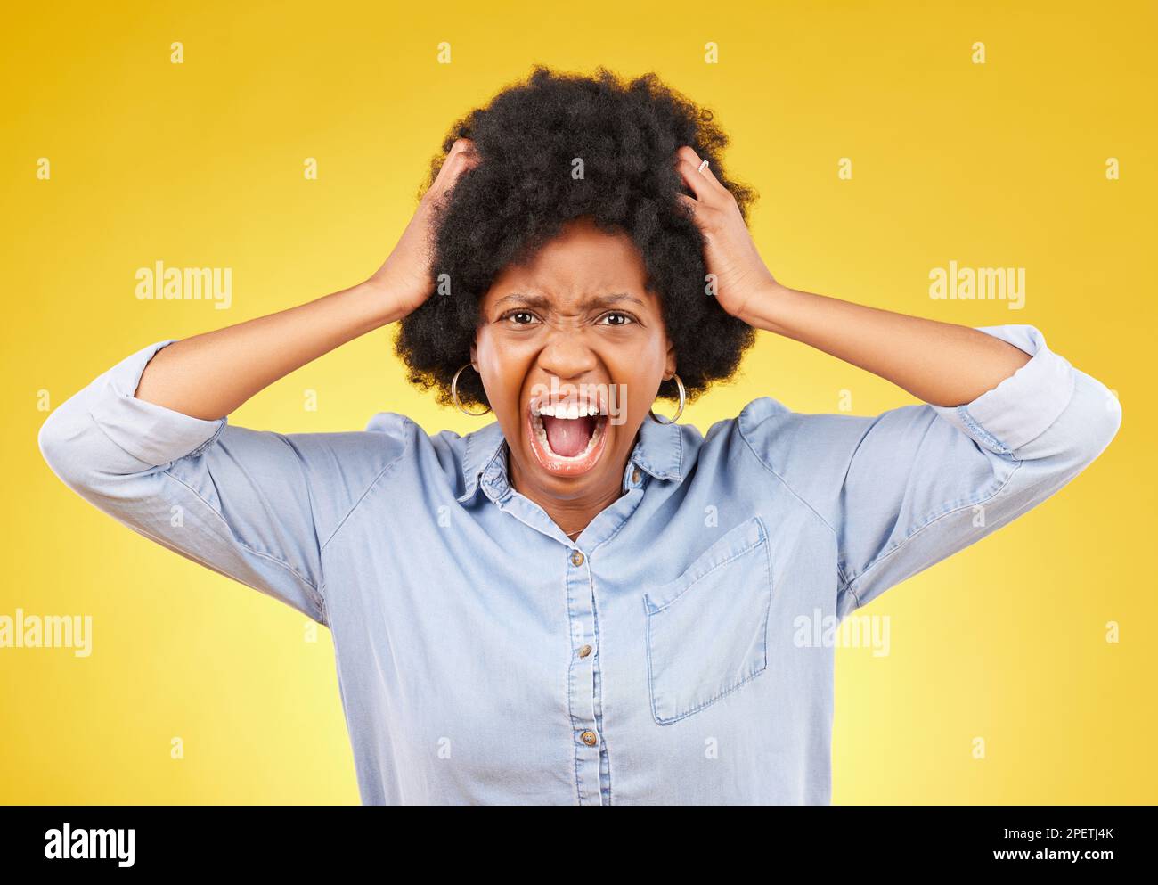 Crazy, face portrait and black woman scream, shout and yell from mental ...