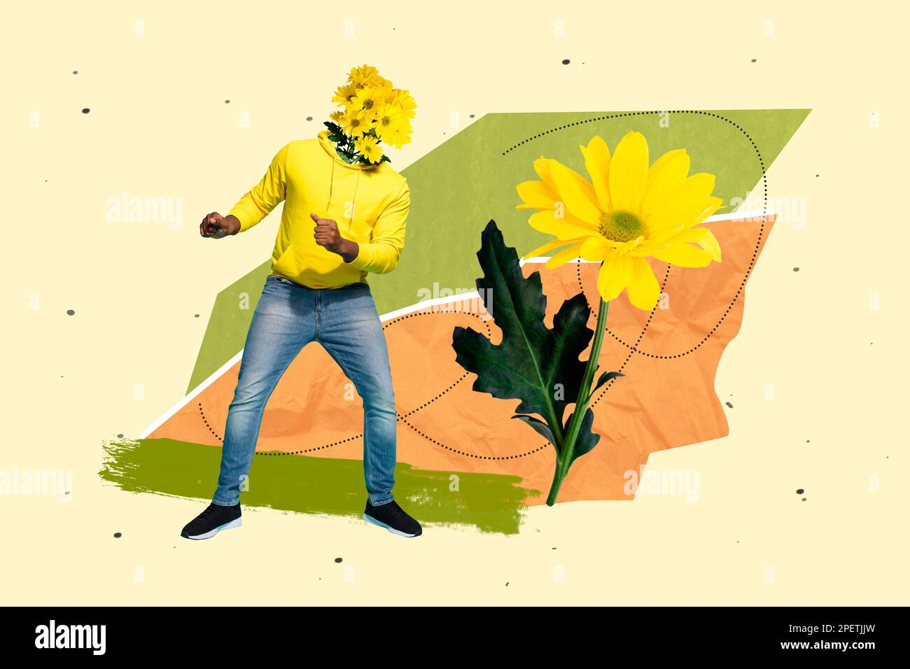 Composite collage portrait of dancing mini guy bunch daisy flowers ...