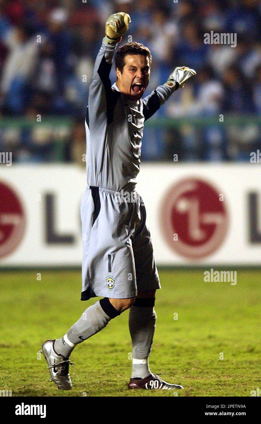 Julio Cesar, goalkeeper of Brazil celebrates after his teammate Adriano ...