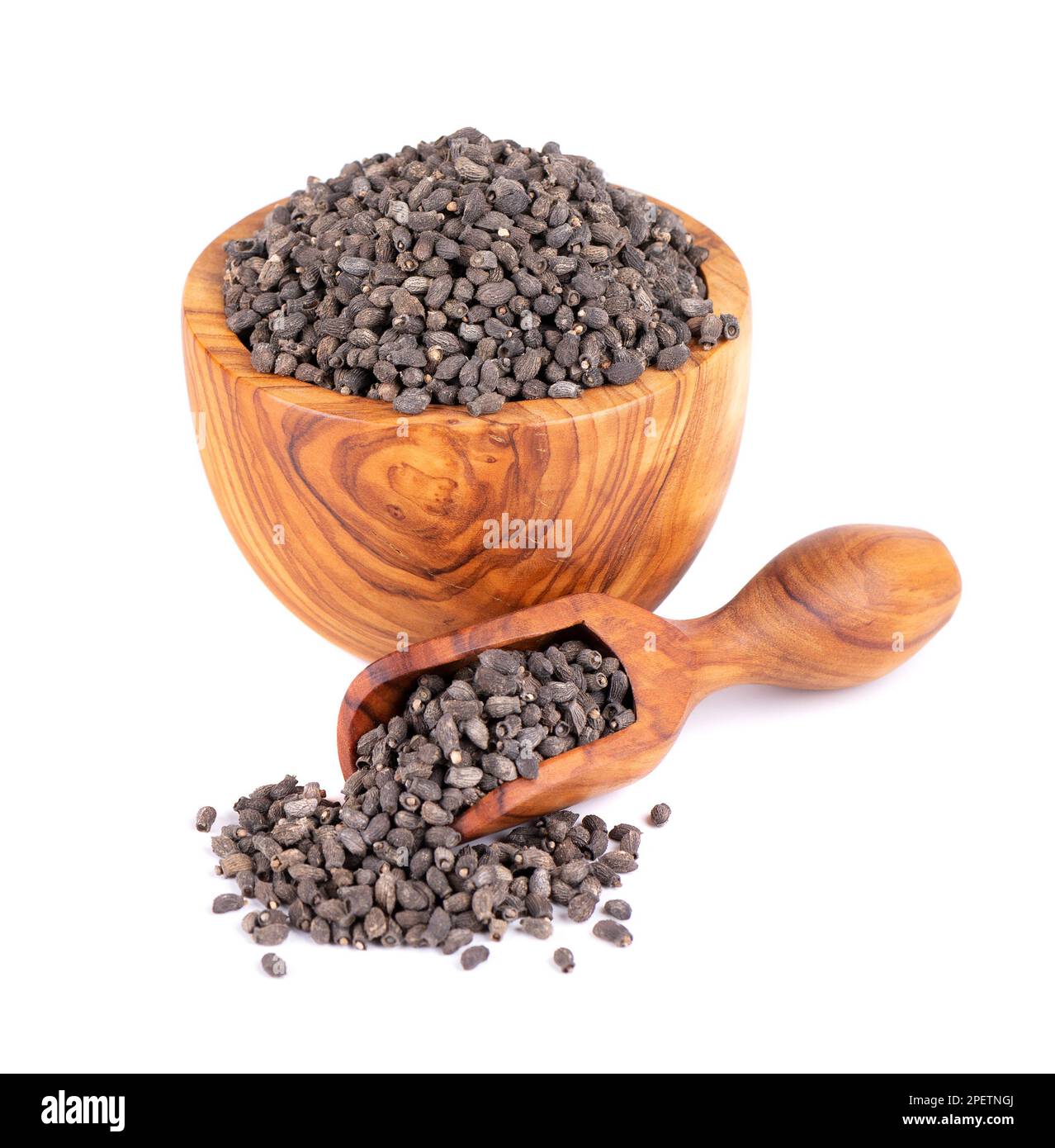 Borage seeds in wooden bowl, isolated on a white background. Borago ...