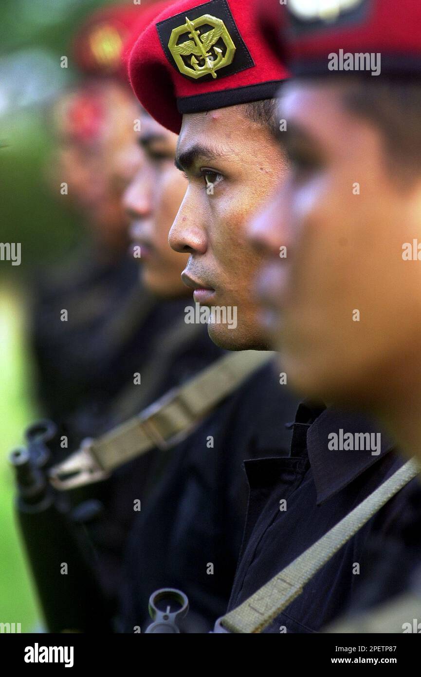 Members of Special Forces Commandos (KOPASSUS) stand in attention ...