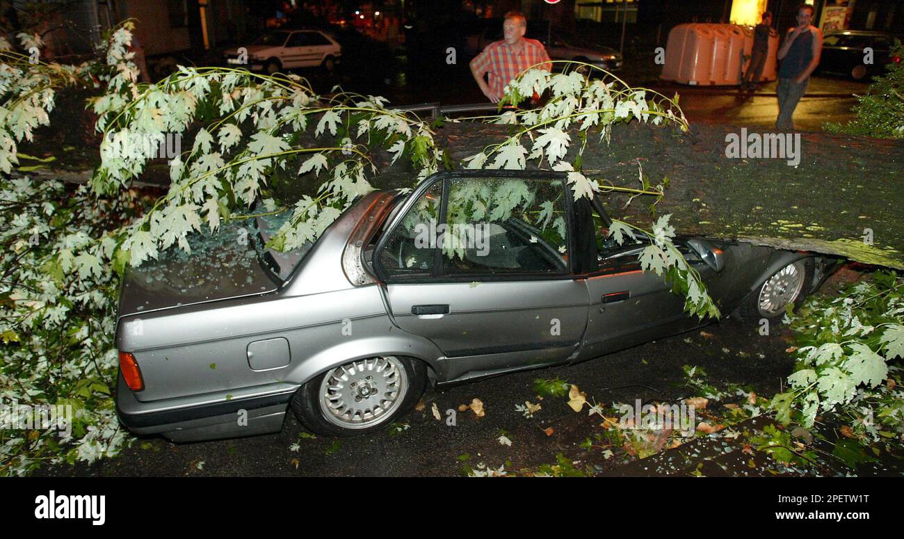 An uprooted tree lies on a car, late Sunday July 18, 2004 in downtown ...