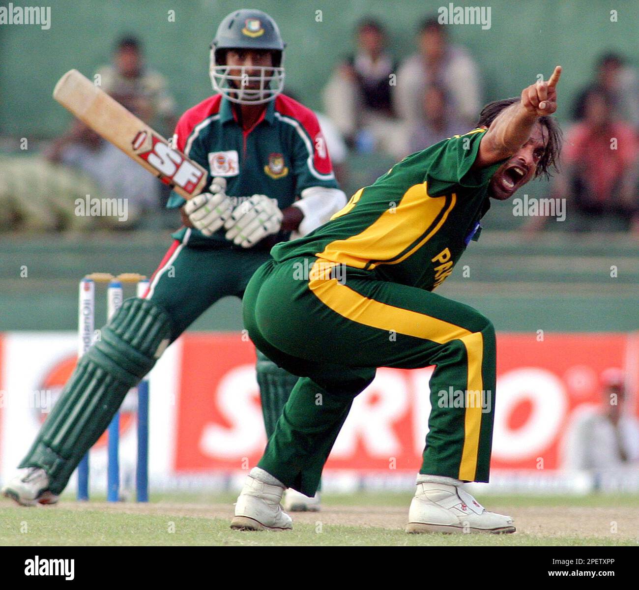 Pakistani bowler Shoaib Akhtar appeals unsuccessfully for the wicket of ...