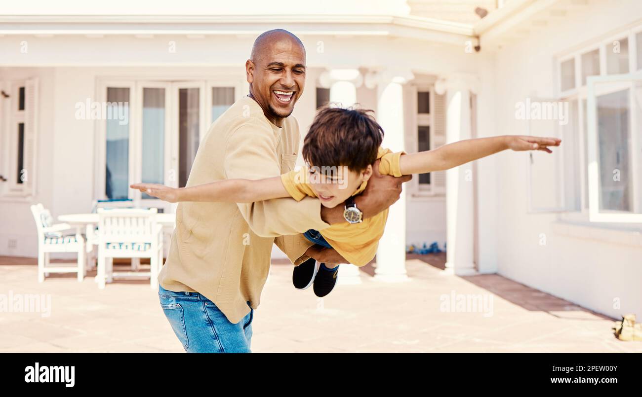 Playing, flying and smile of a child with a father for freedom ...